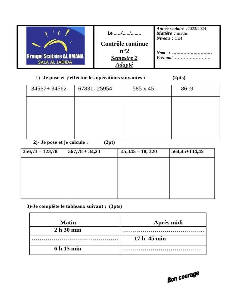 Contrôle de maths CE4 - Semestre 2 | PDF | Ordinateurs | Technologie et ...
