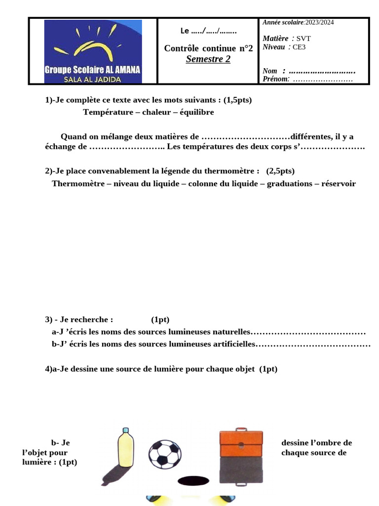 Contrôle SVT CE3 - Semestre 2 | PDF