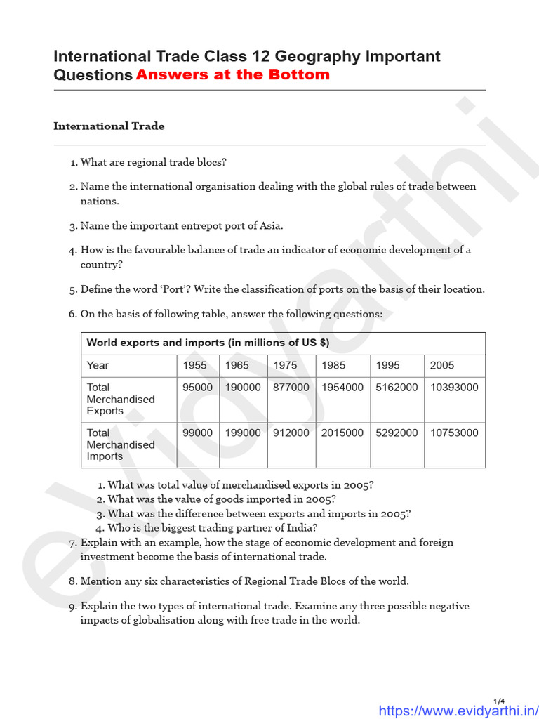 Class 12 Geography Chapter 9 Important Questions | PDF | Trade | Port