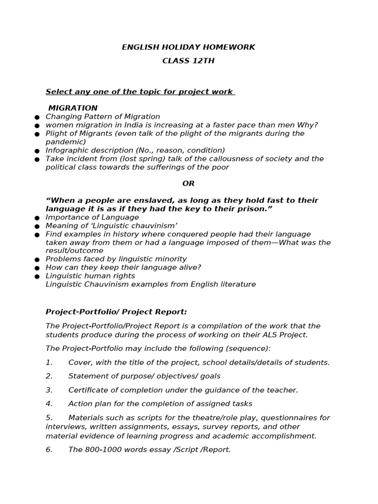 English Holiday Homework 12 | PDF | Language Arts & Discipline ...