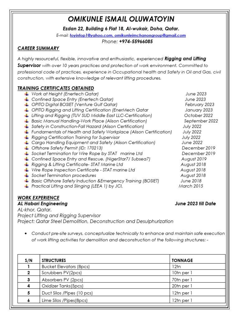 EnerMech Cranes Rigging Supervisor Profile | PDF | Crane (Machine ...