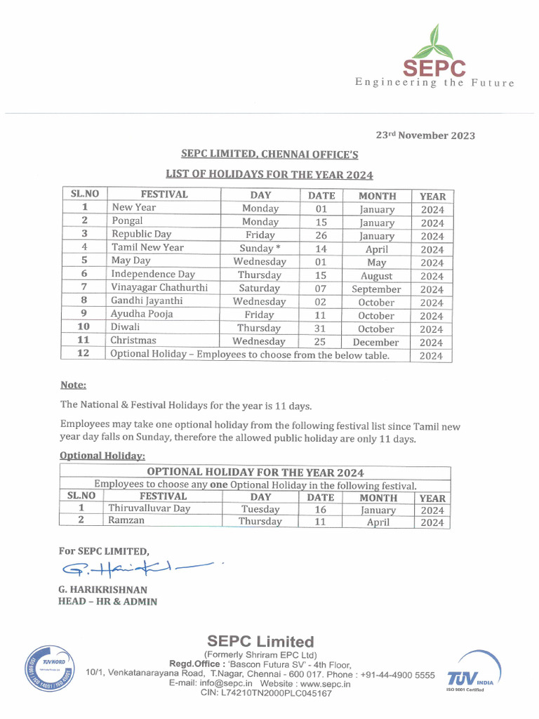SEPC List of Holidays 2024 | PDF