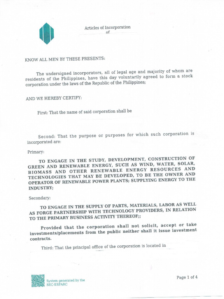 Articles of Incorporation (Aoi) | PDF