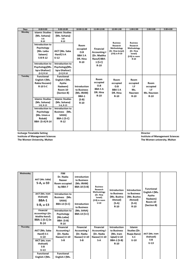BBA Fall 2024 Schedule | PDF