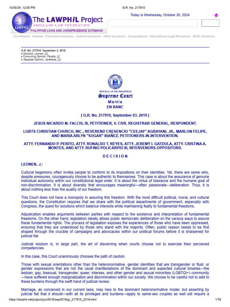 G.R. No. 217910 Jesus Nicardo M. Falcis III vs. Civil Registrar General ...