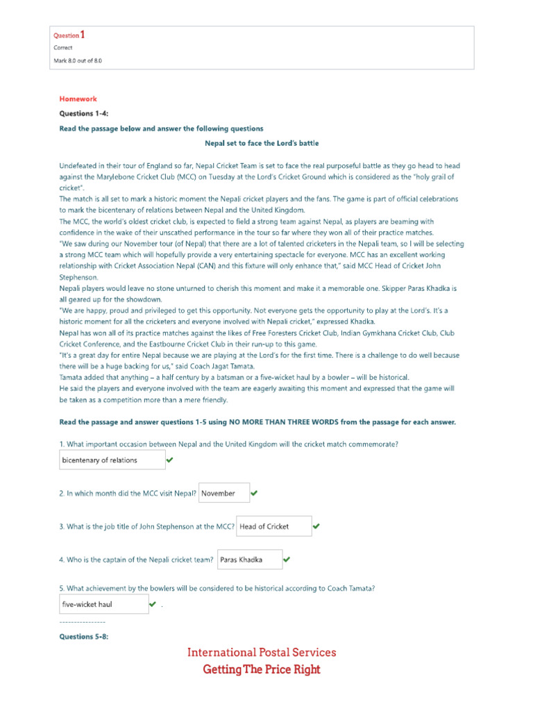 U8.Reading Practice - Short Answer 1 | PDF