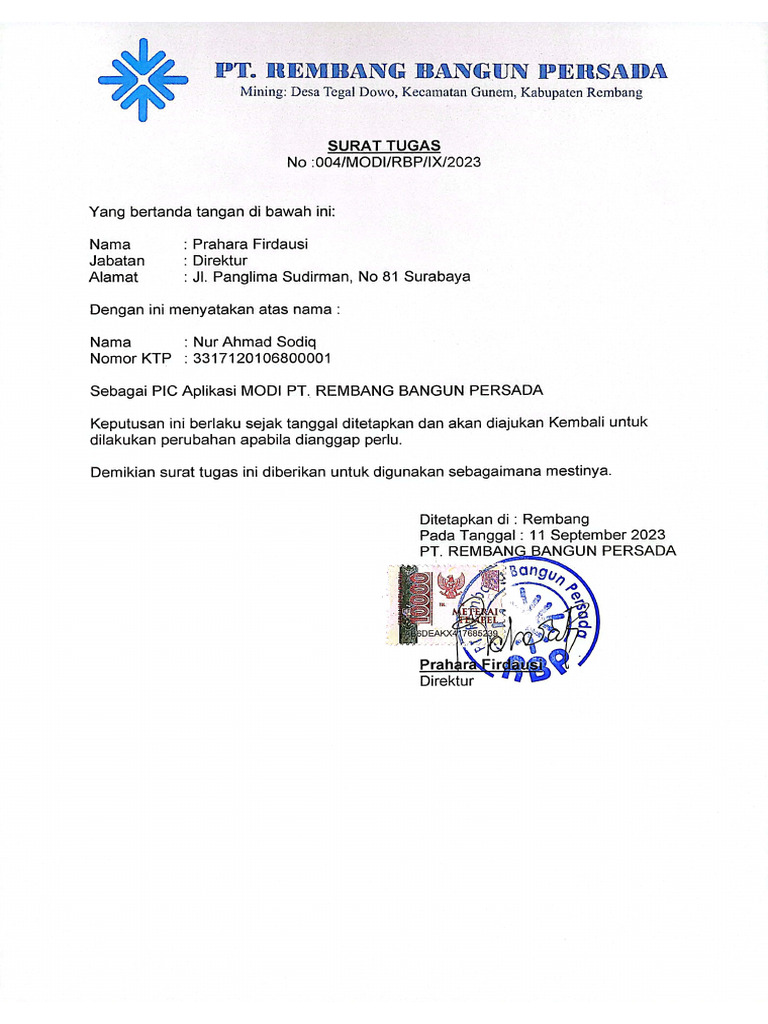 PT RBP - Surat Penugasan | PDF