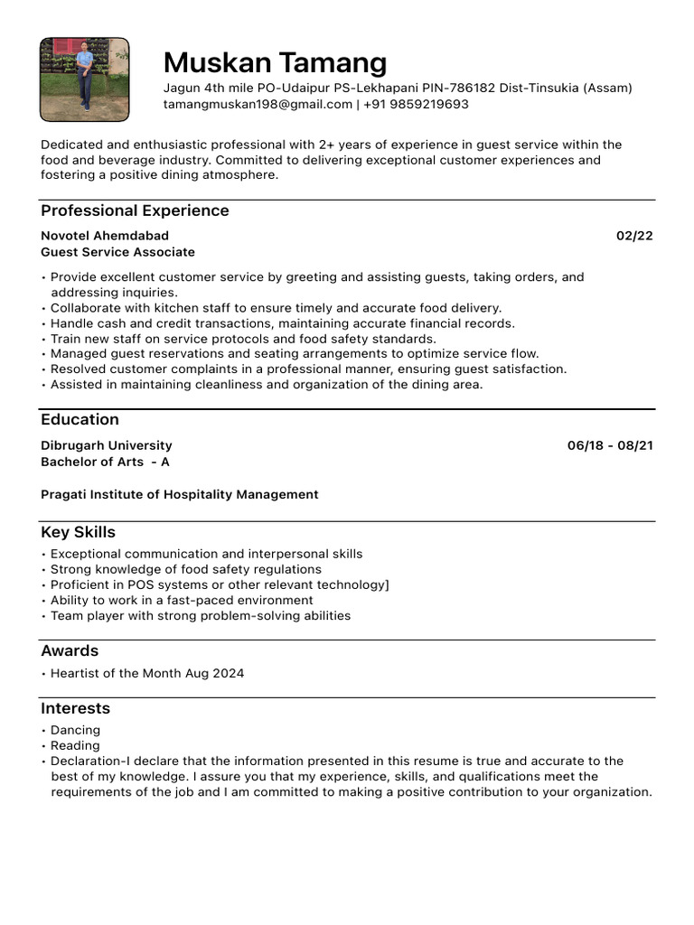 Muskan Tamang: Professional Experience | PDF