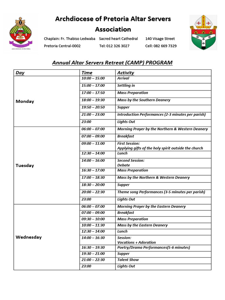 Altar Servers Retreat Schedule | PDF | Mass (Liturgy) | Catholic Liturgy