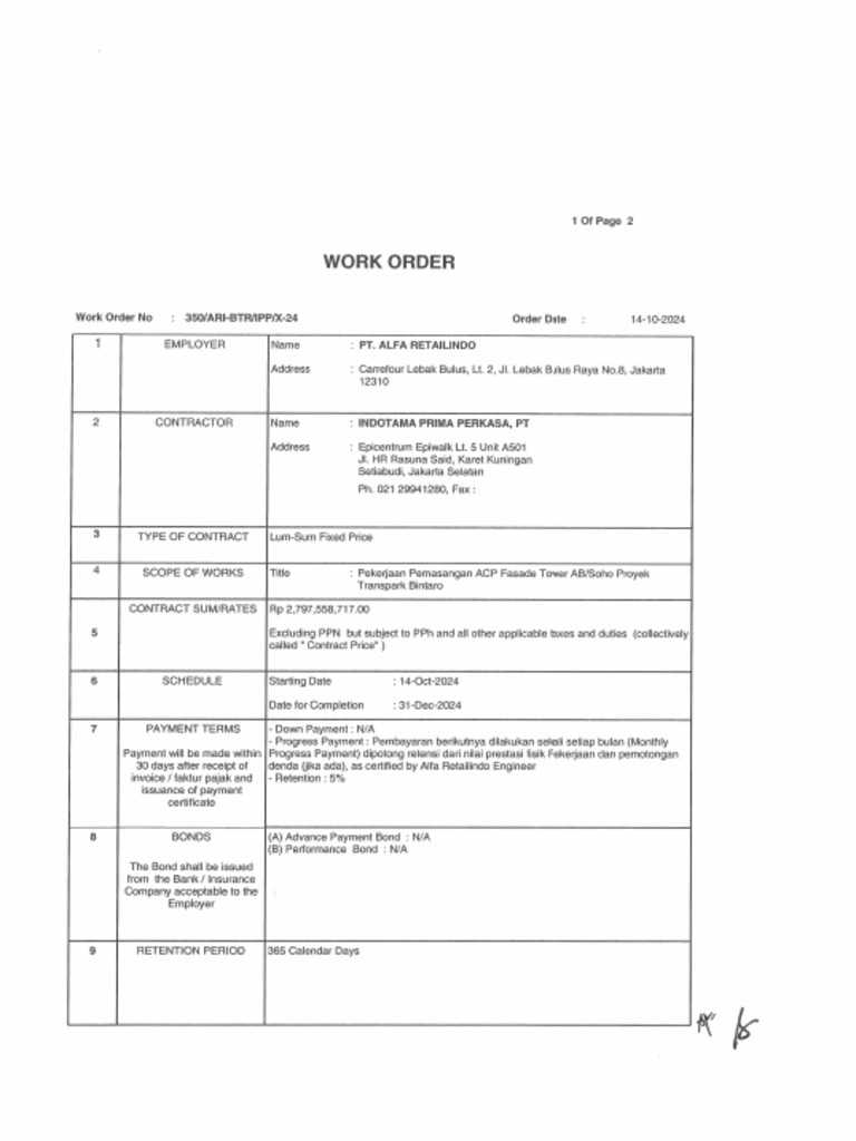 WO#350 PT. IPP Pek. Pemasangan ACP Fasade Tower AB Soho - Bintaro | PDF