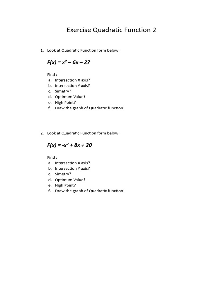 Exercise Quadratic Function 2 | PDF | Teaching Methods & Materials ...
