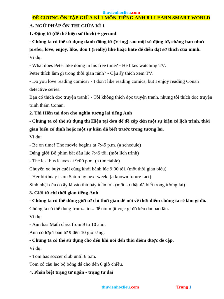 De Cuong On Tap Giua Hoc Ki 1 Tieng Anh 8 I Learn Smart Word | PDF | Nomad | Meat