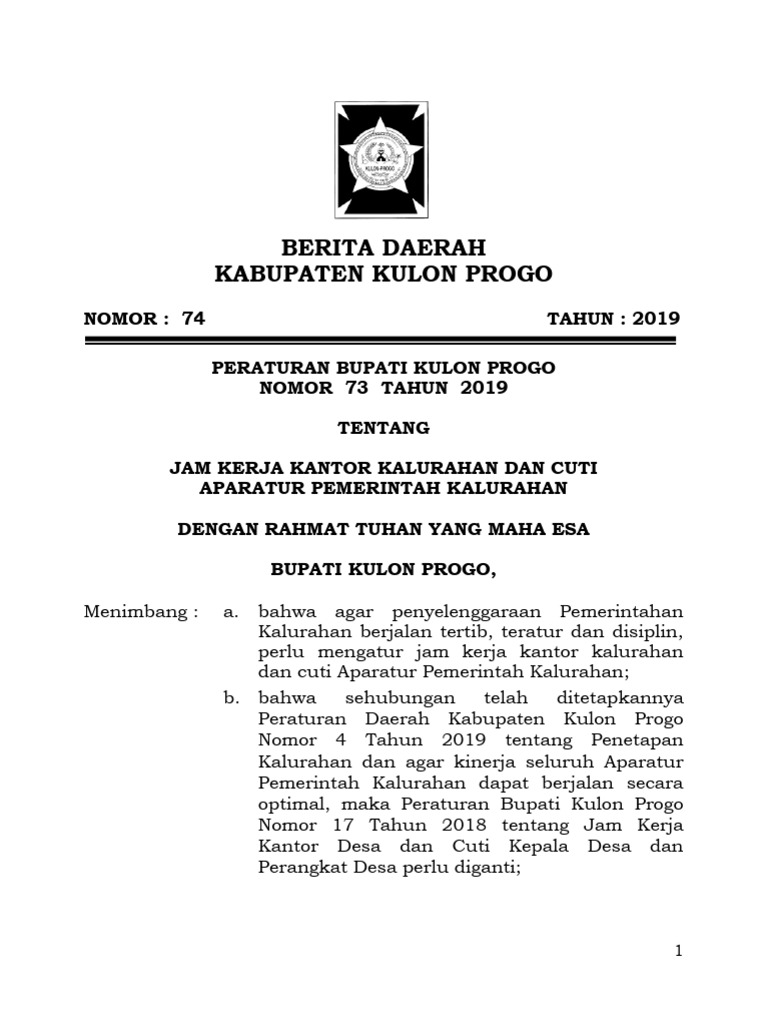 Perbub No 73 Tahun 2019 - Jam Kerja Kantor Kalurahan Dan Cuti Aparatur Pemerintah Kalurahan | PDF
