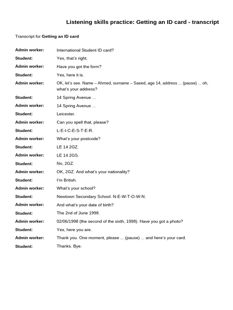 Getting An Id Card - Transcript1 3 | PDF