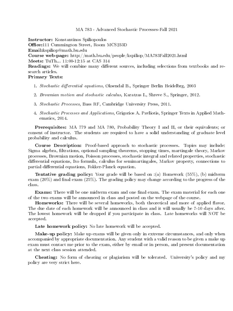 Syllabus Ma783 Fall 2021 Pdf Stochastic Process Applied Mathematics