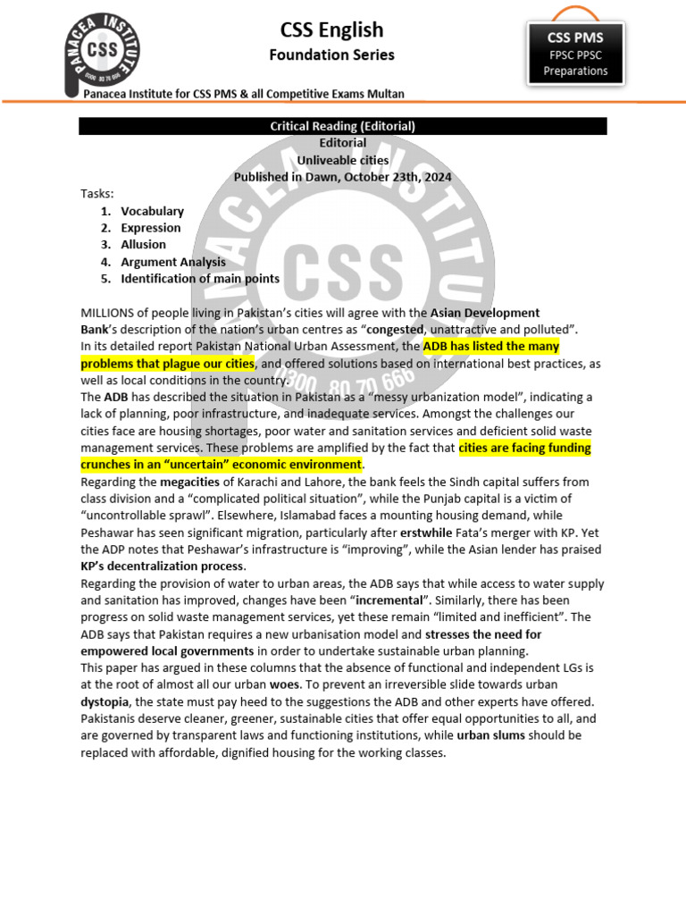 Critical Reading Editorial Pre-CSS | PDF | Asia | Asian Development Bank