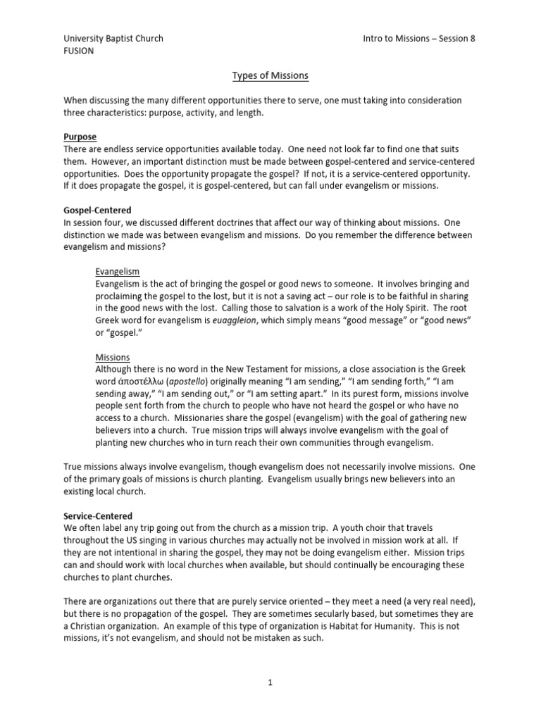 Types of Missions | PDF | Christian Mission | Evangelism