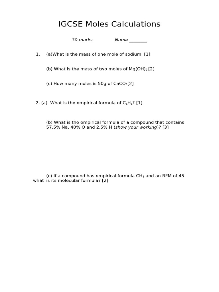 Igcse Moles Calculation Test | PDF