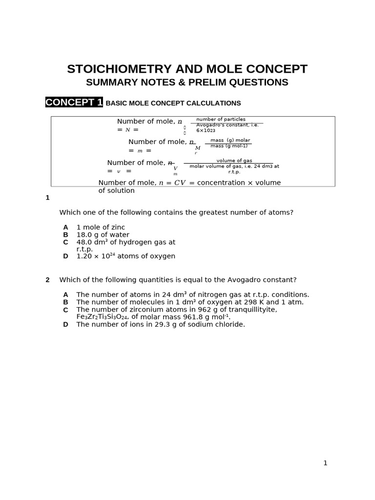 Stoichiometry and Mole Concept Prelim Questions and Answers | PDF ...