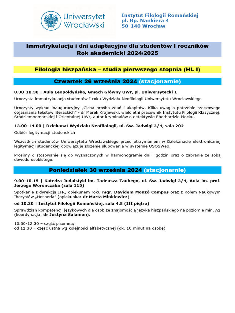 IFR - Immatrykulacja I Dni Adaptacyjne IFR - 2024 - HL | PDF