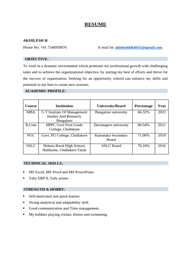 Akhilesh H Resume 0431 | PDF | Career & Growth