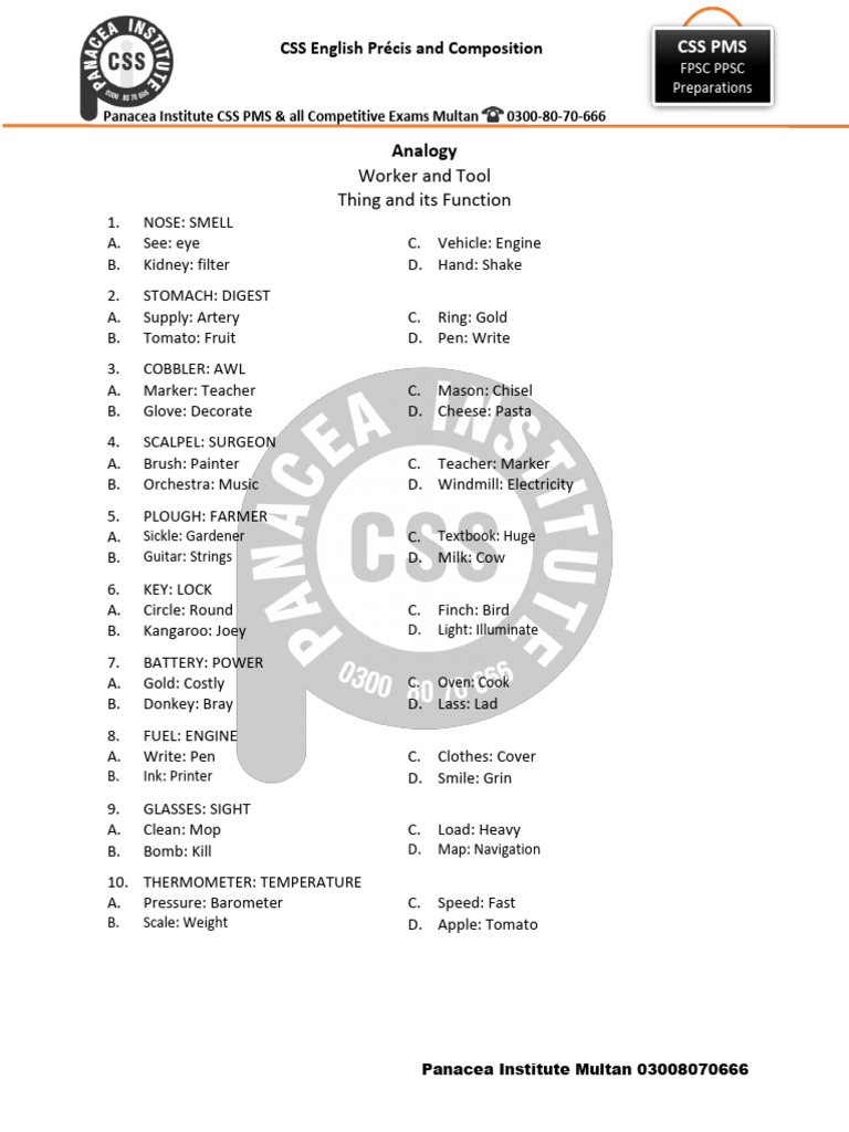 Analogy - 2 (Worker Tool Thing Function) Student | PDF
