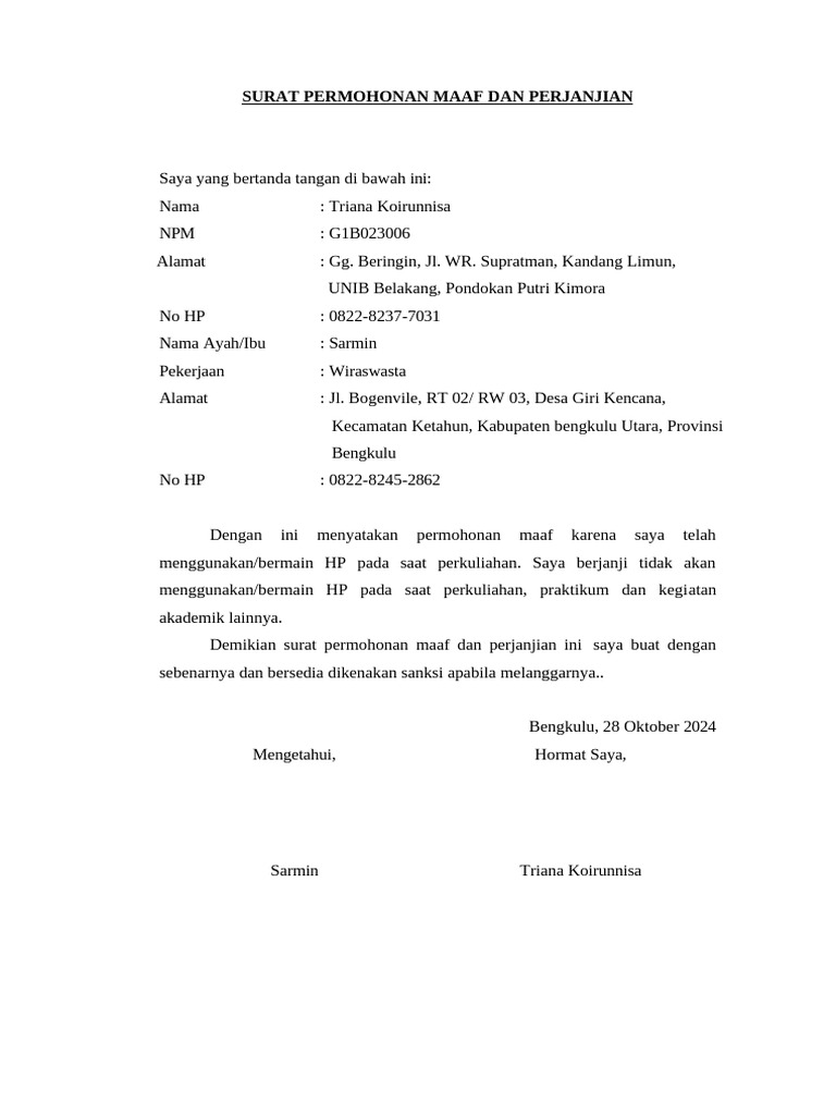 SURAT PERJANJIAN DAN PERMOHONAN MAAF (006) | PDF