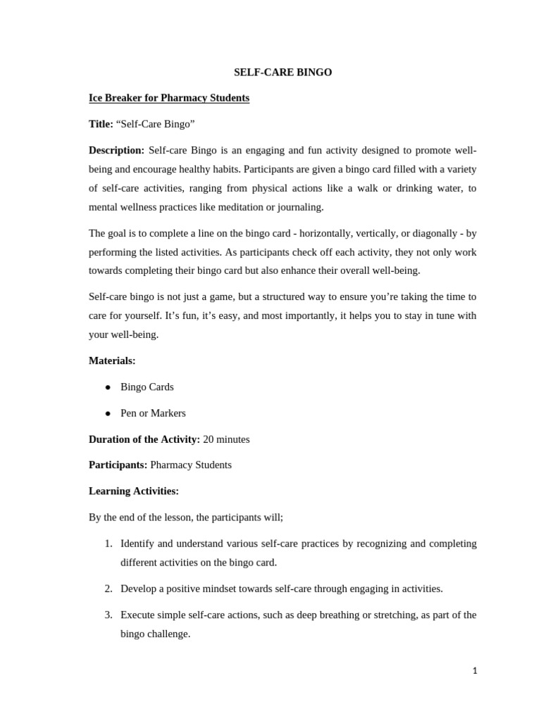 Self-Care Bingo Activity for Students | PDF | Lifestyle
