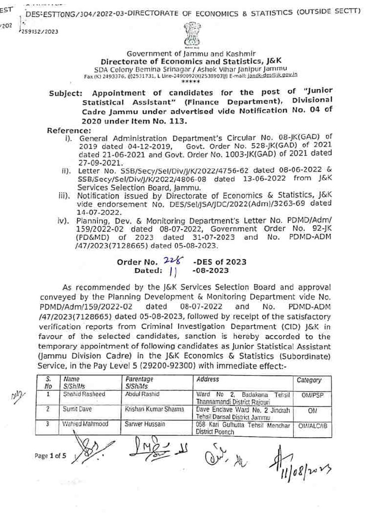 JSA - Div. Jammu - Appointment Order | PDF