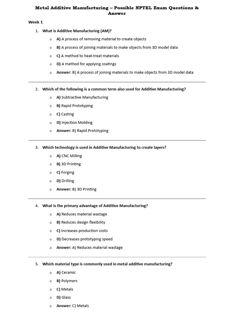 Metal Additive Manufacturing Exam Questions | PDF | 3 D Printing ...