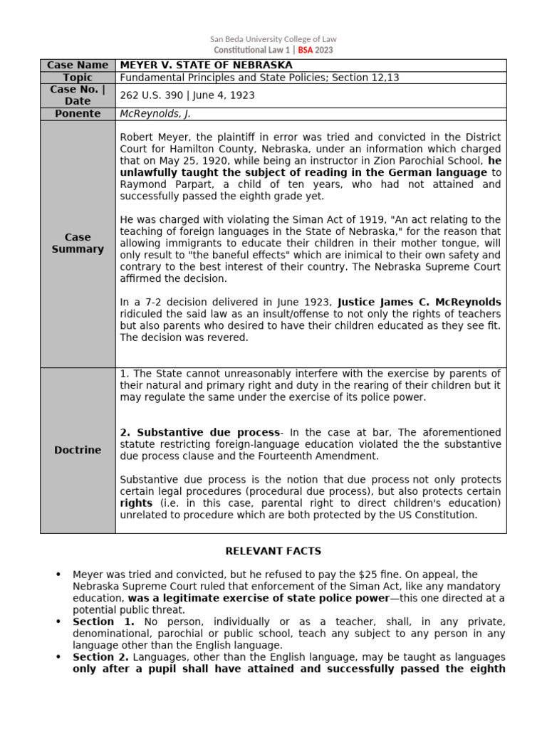 Meyer v. Nebraska Case Summary | PDF | Meyer V. Nebraska | United ...