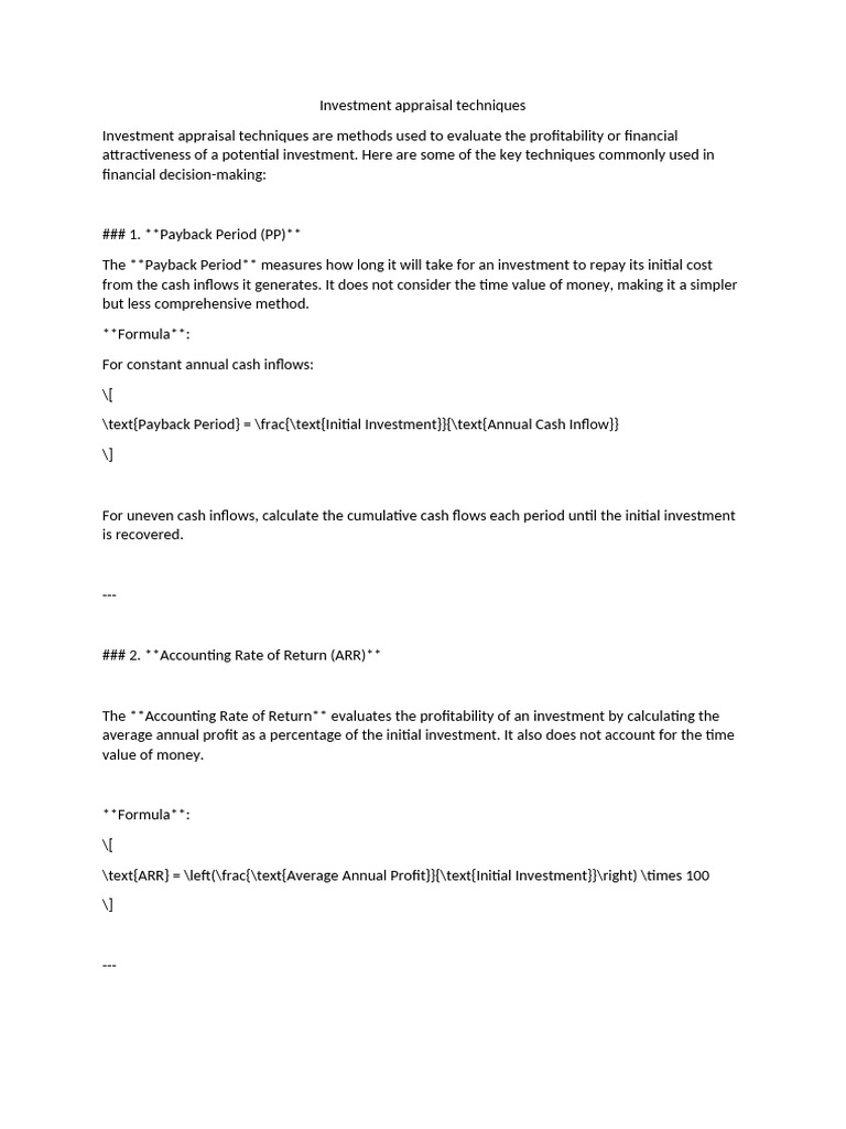 Investment Appraisal Techniques | PDF | Net Present Value | Internal ...