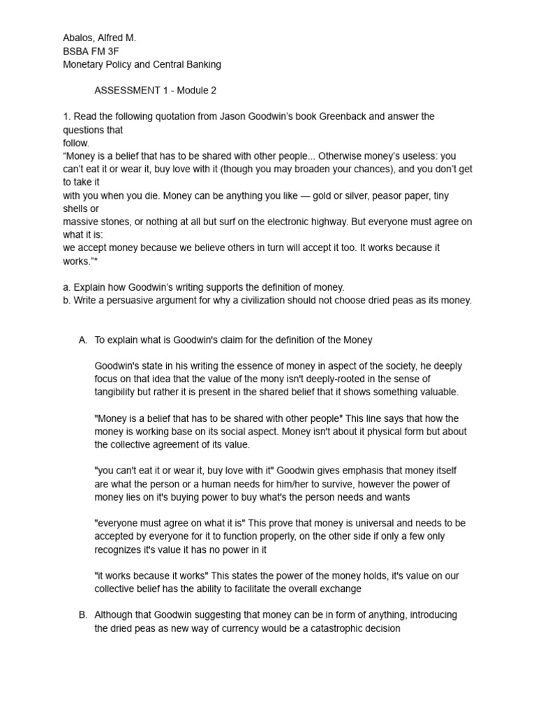 ASSESSMENT 1 - MOD 2 | PDF | Money | Economies