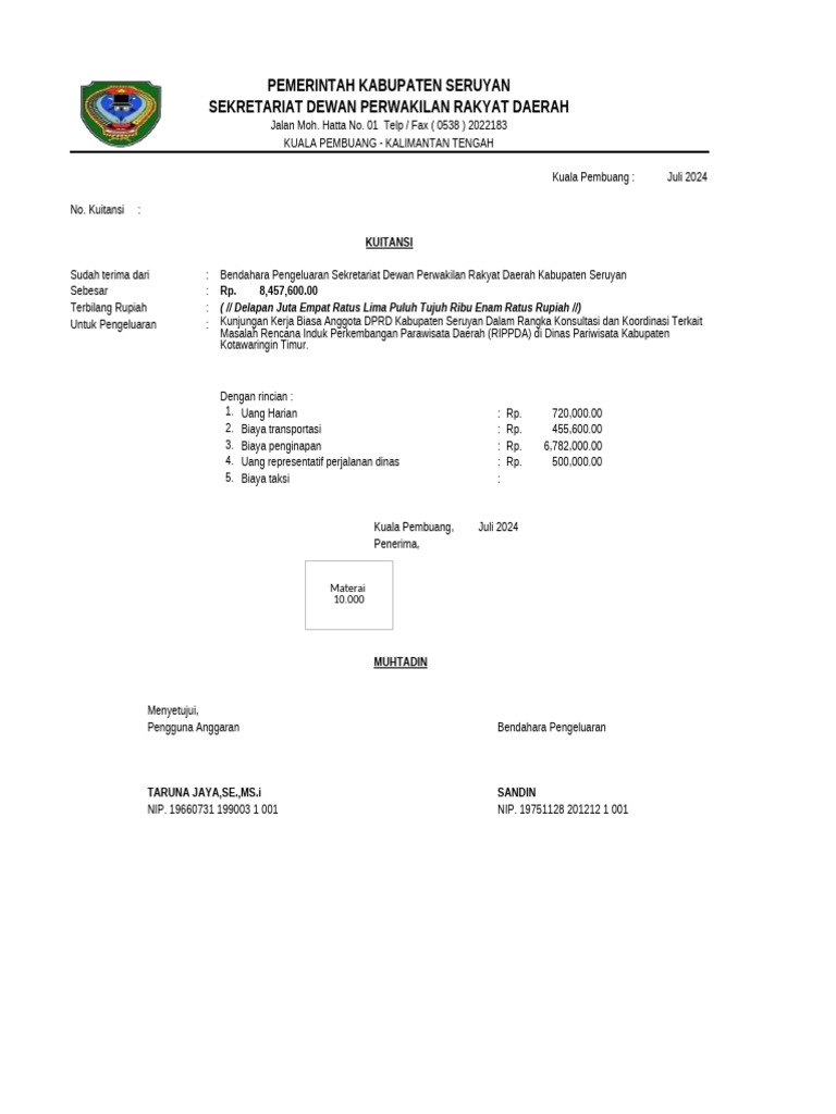 Kuitansi Perjalanan Dinas DPRD Seruyan | PDF