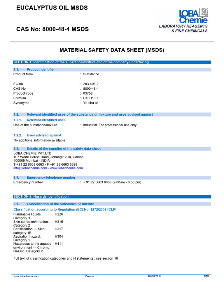 Msds Eucalyptus Oil Casno 8000-48-03758 en - Aspx | PDF | Dangerous ...