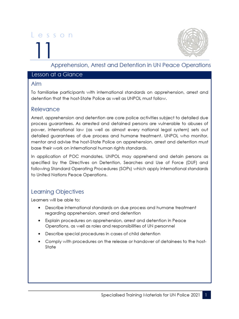 UNPOL STM Lesson 11 Apprehension, Arrest and Detention in UN Peace Operations | PDF | Arrest ...