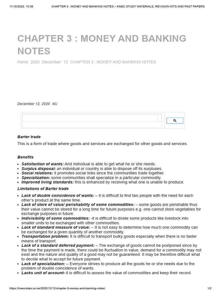 Chapter 3 - Money and Banking Notes - Knec Study Materials, Revision ...