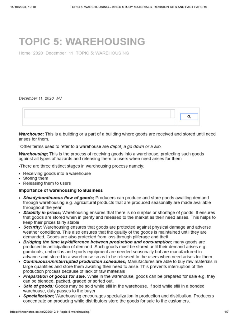 Topic 5 - Warehousing - Knec Study Materials, Revision Kits and Past ...