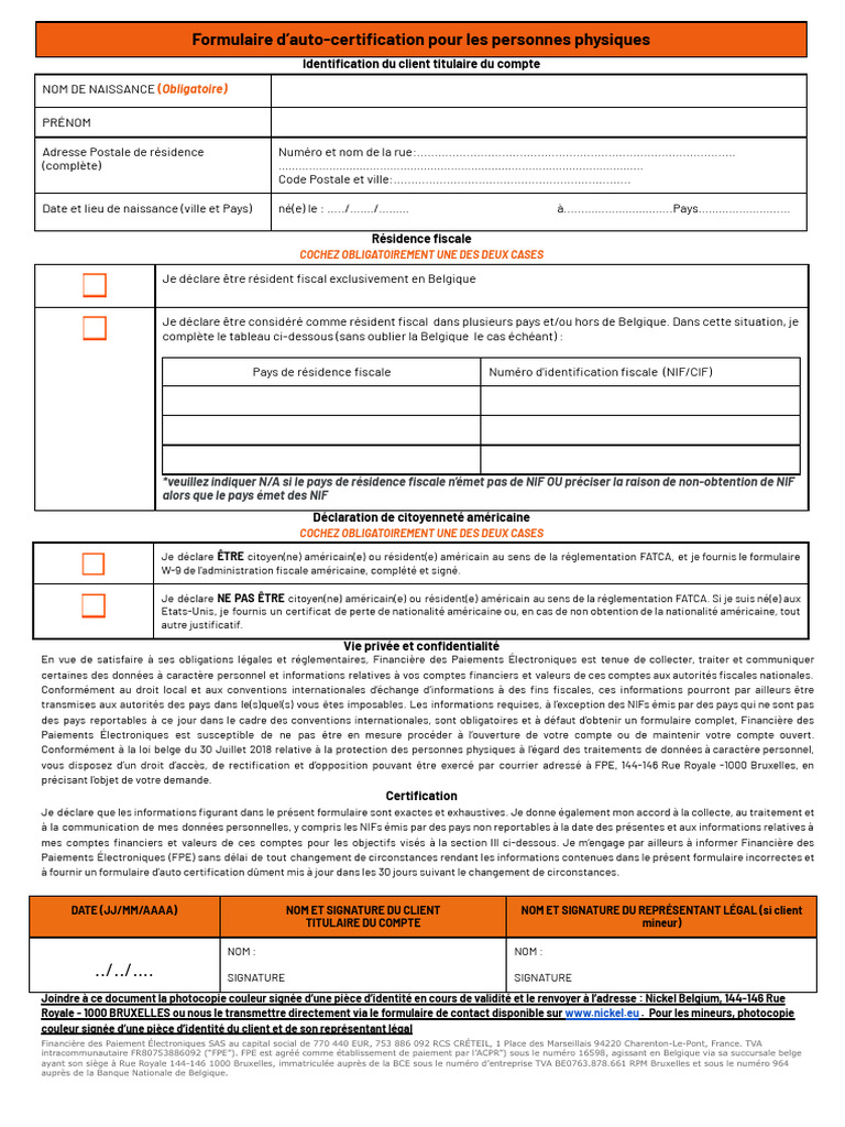 Formulaire Dauto Certification FATCA AEOI Nickel Belgium | PDF