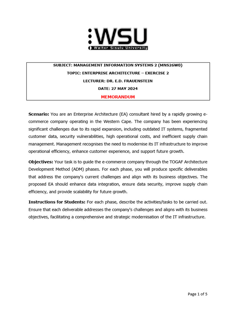 Class Exercise 2 - Enterprise Architecture - MEMO (27.05.2024) | PDF | Supply Chain Management ...