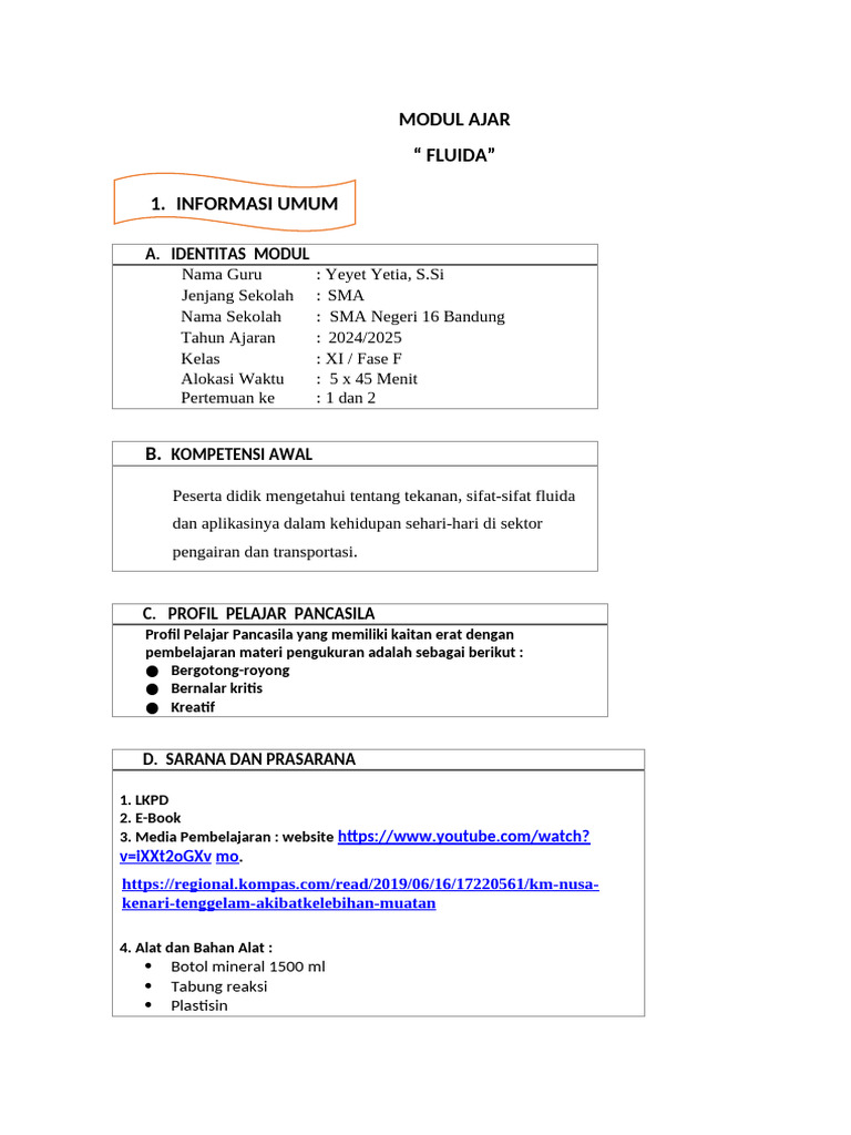 Modul Ajar Fluida Dinamis | PDF