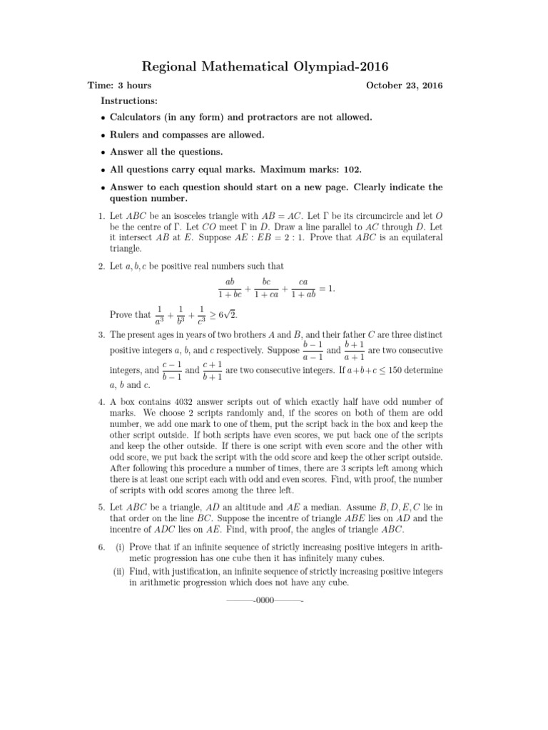 Regional Math Olympiad 2016 Problems | PDF | Triangle | Numbers