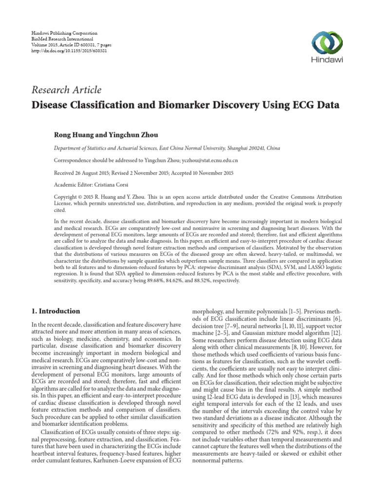 Research Article: Disease Classification and Biomarker Discovery Using ECG Data | PDF | Support ...
