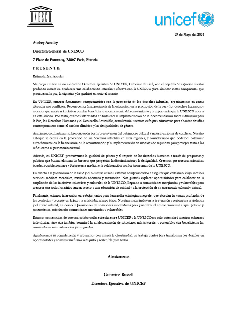 Carta para UNESCO | PDF | Unicef | Unesco