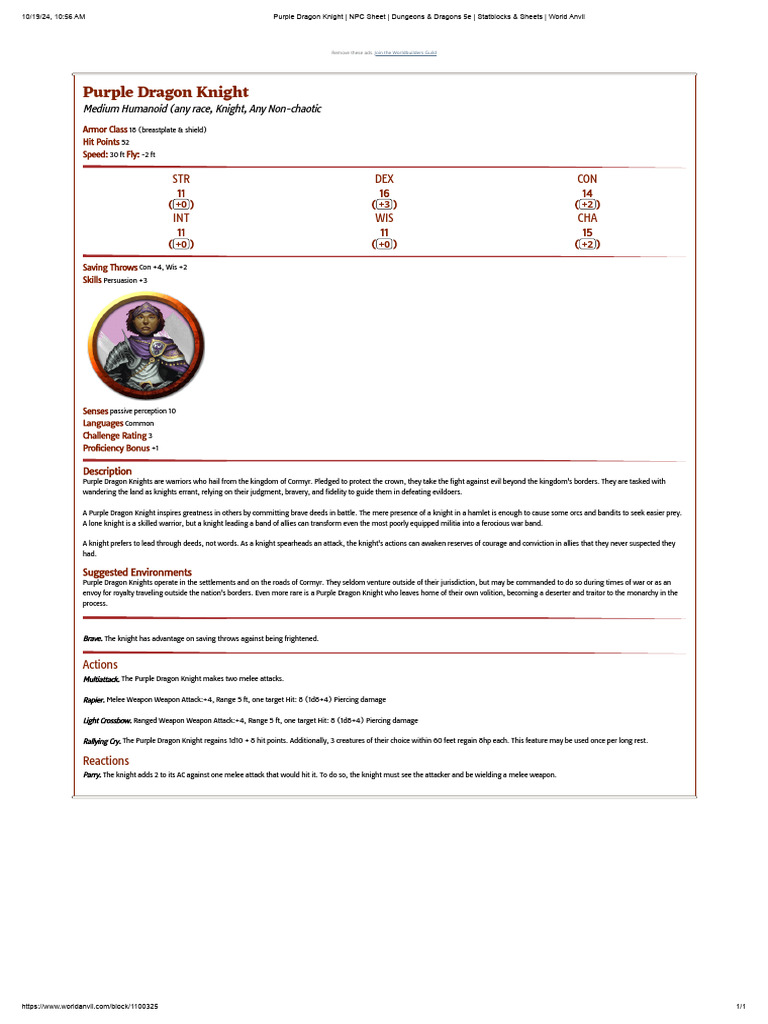 Purple Dragon Knight - NPC Sheet - Dungeons & Dragons 5e - Statblocks & Sheets - World Anvil ...