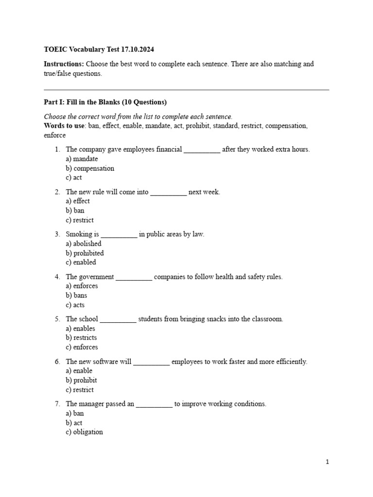 TOEIC Vocabulary Test 17102024 | PDF