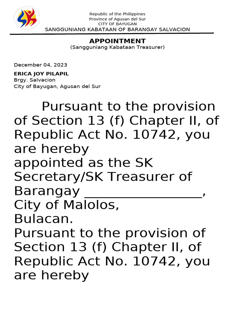 APPOINTMENT SK-Treasurer | PDF