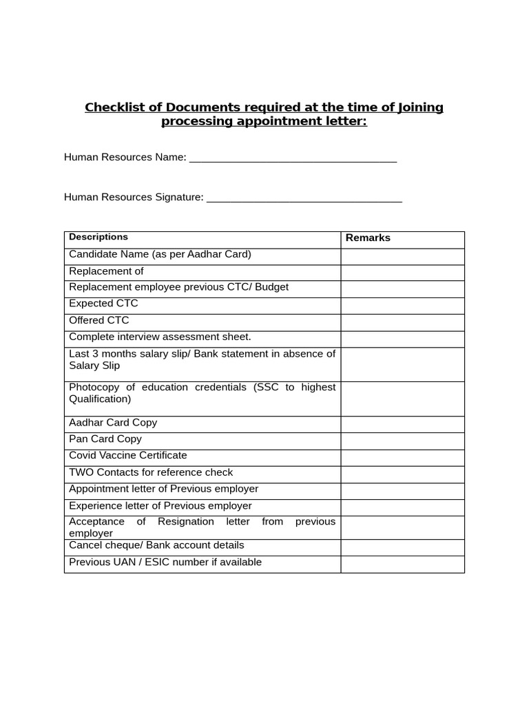 New Joinee Docs Checklist | PDF