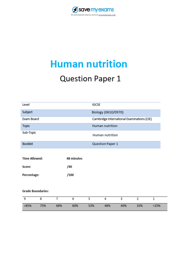 7 Human Nutrition Topic Booklet 1 CIE IGCSE Biology | PDF | Schools ...