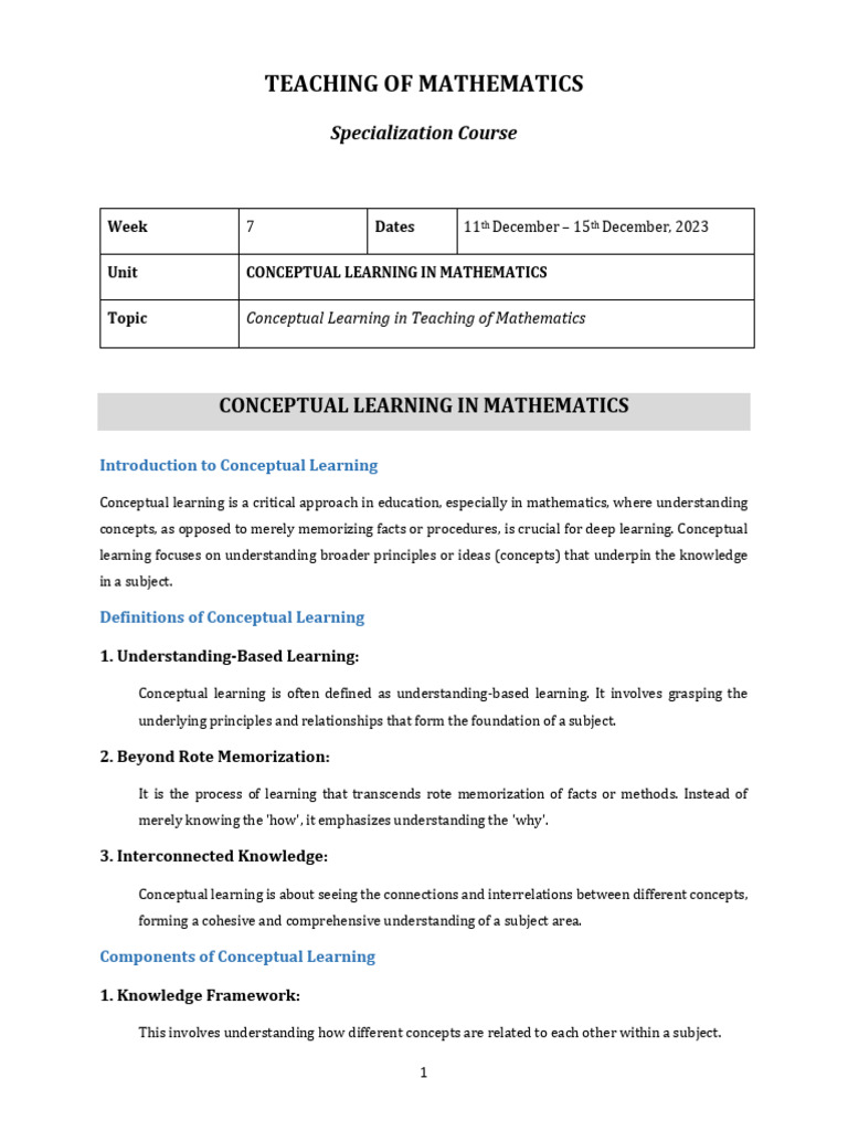 7.1 - Conceptual Leanring in Mathematics | PDF | Learning | Mathematics